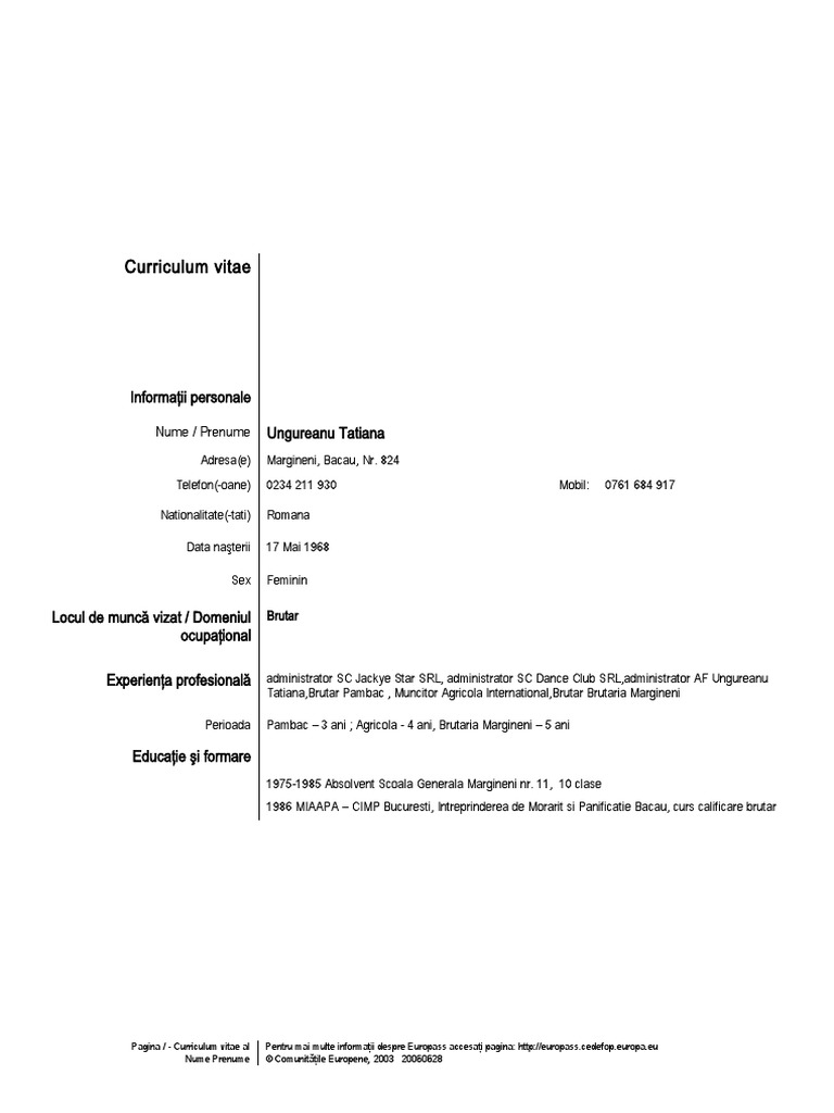 Model CV Curriculum Vitae European Romana | PDF