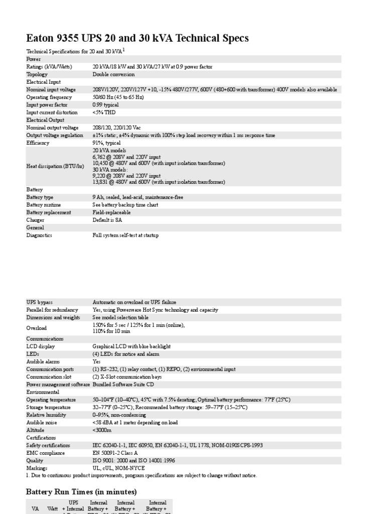 Technical Specifications for Eaton 9355 20 and 30 kVA UPS Systems: An ...
