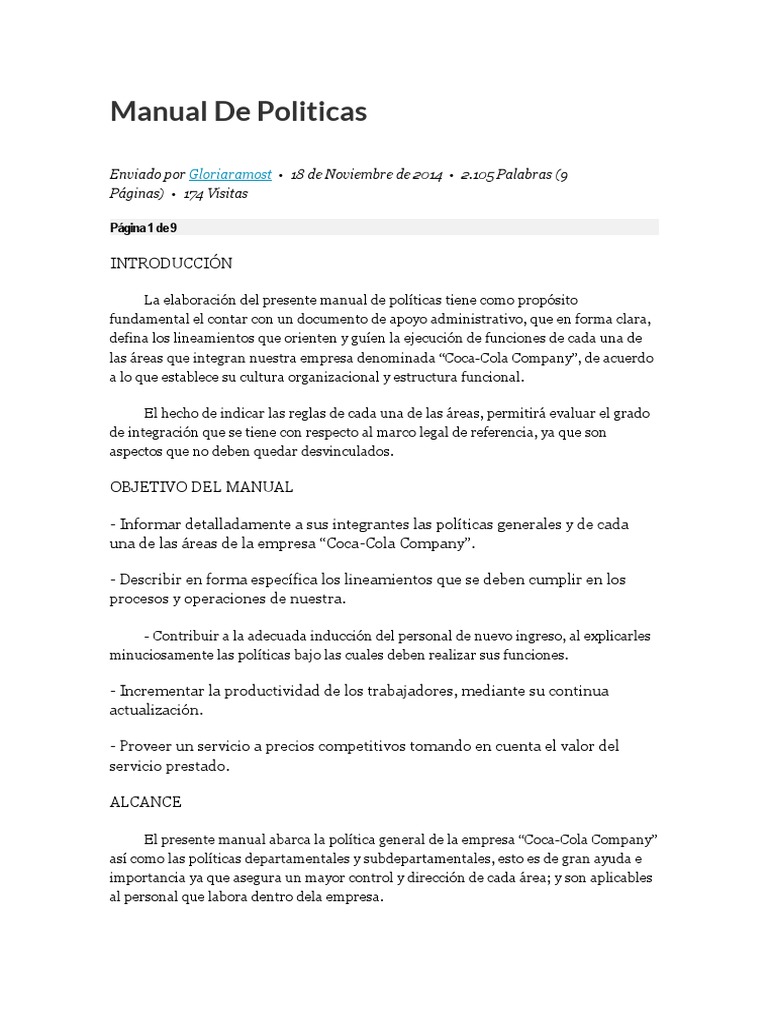 Manual de Politicas | Coca Cola | Calidad (Negocios)