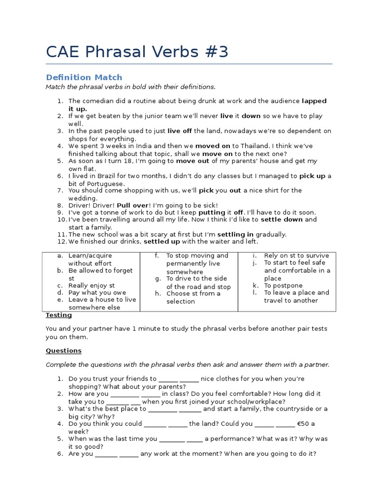 CAE Phrasal Verbs #3: Definition Match | PDF | Sports