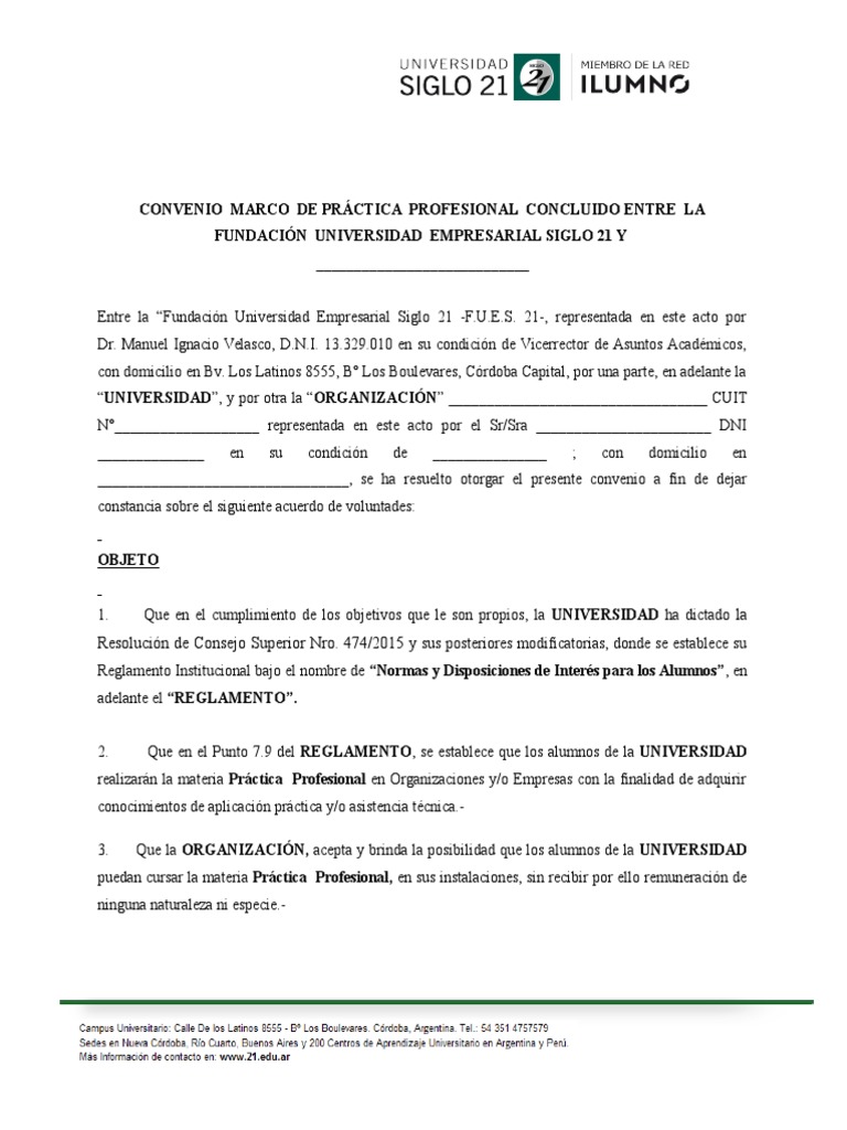 Modelo de Convenio Marco de Práctica Profesional