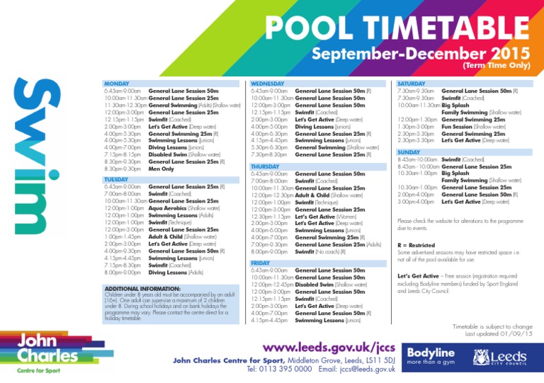 John Charles Sept-Dec Swim Timetable | PDF | Sports | Leisure