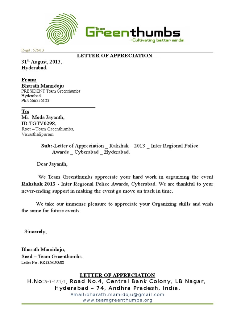 Letter of appreciation NGO