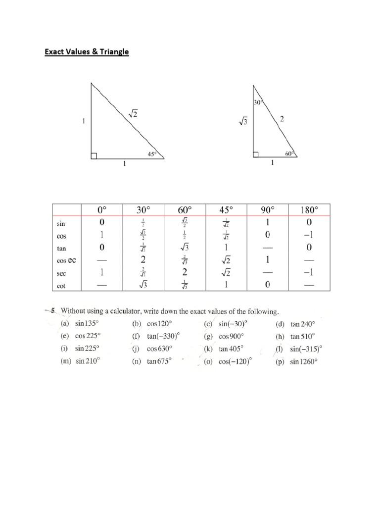 Exact Values & Triangle | PDF | Sine | Mathematical Relations