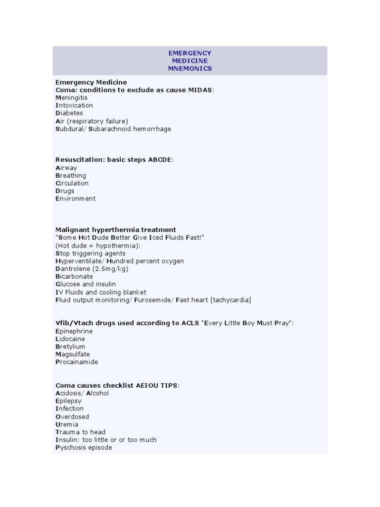 Emergency Medicine Mnemonics Guide | PDF | Shock (Circulatory) | Stroke