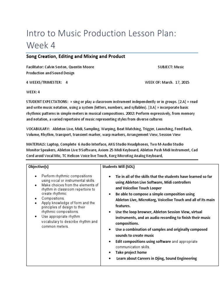 Music Production Lesson Plan 4 | PDF | Rhythm | Musical Compositions