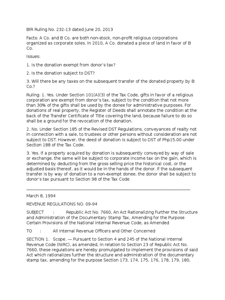 Bir Ruling - Exemption of Donation From DST | PDF | Insurance ...