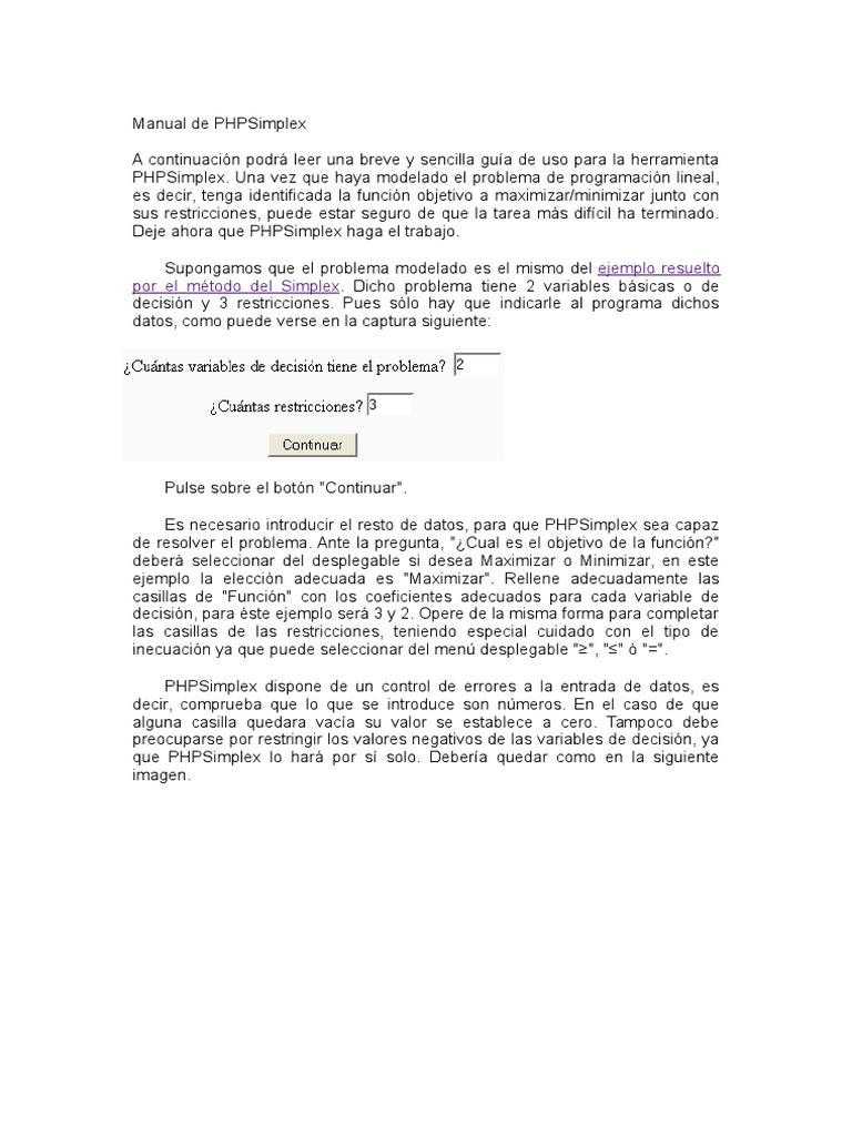 Guía de Uso de PHPSimplex para Simplex | PDF | Matemáticas Aplicadas | Informática