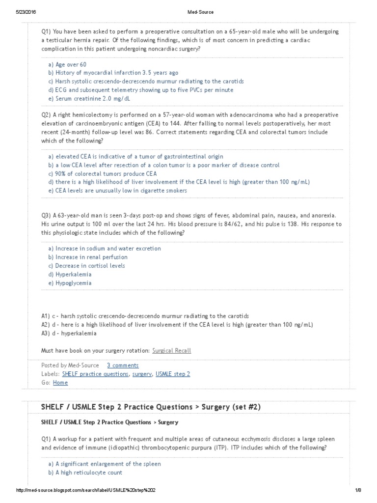 3 Comments SHELF Practice Questions Surgery USMLE Step 2 Home ...