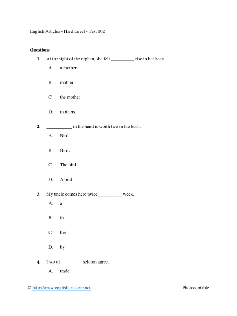 English Articles - Hard Level - Test 002 | PDF | Home & Garden