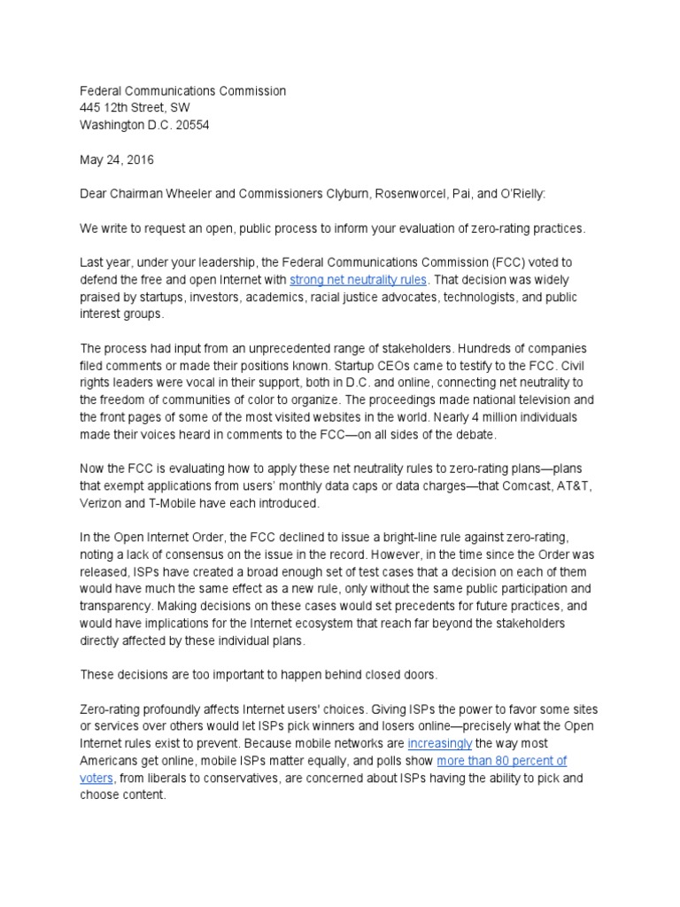 Zero Rating Letter | PDF | Net Neutrality | Federal Communications ...