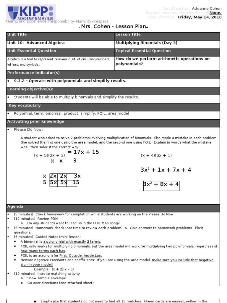 Advanced Algebra: Binomial Multiplication | PDF | Polynomial | Learning