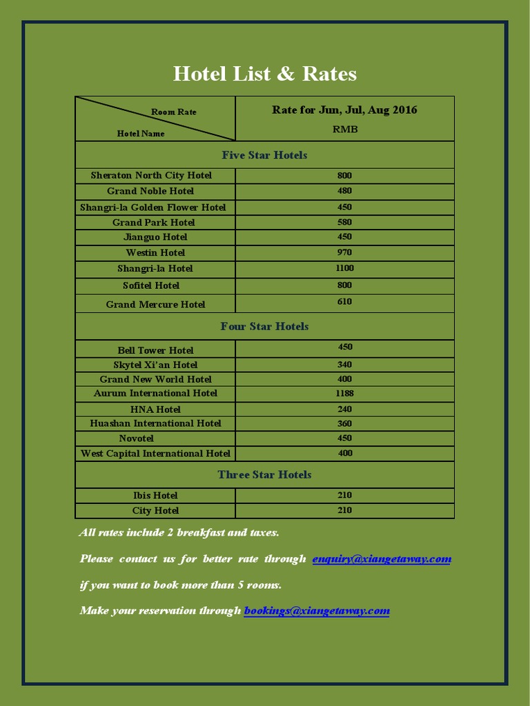 Xi'an Hotel Rates for Summer 2016 | PDF | Business