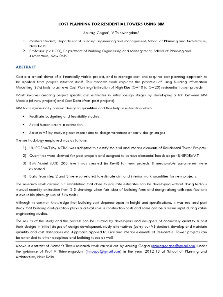 COST PLANNING FOR RESIDENTIAL TOWERS USING BIM | PDF | Building ...