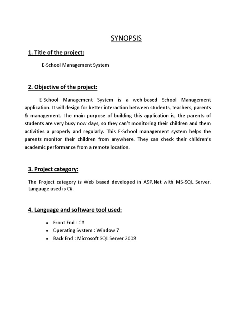 E-School Management System SYNOPSIS | PDF | Areas Of Computer Science | Application Software