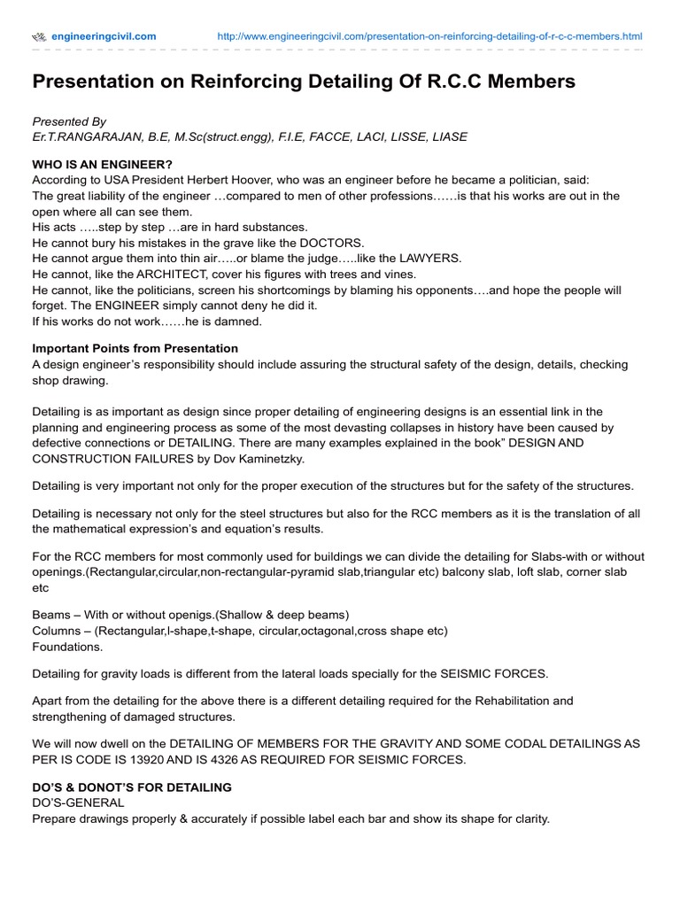 Presentation On Reinforcing Detailing of RCC Members | PDF | Beam ...