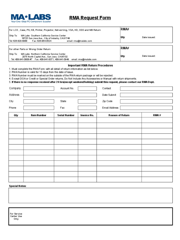 RMA Request Form: Important RMA Return Procedures | PDF | Business ...
