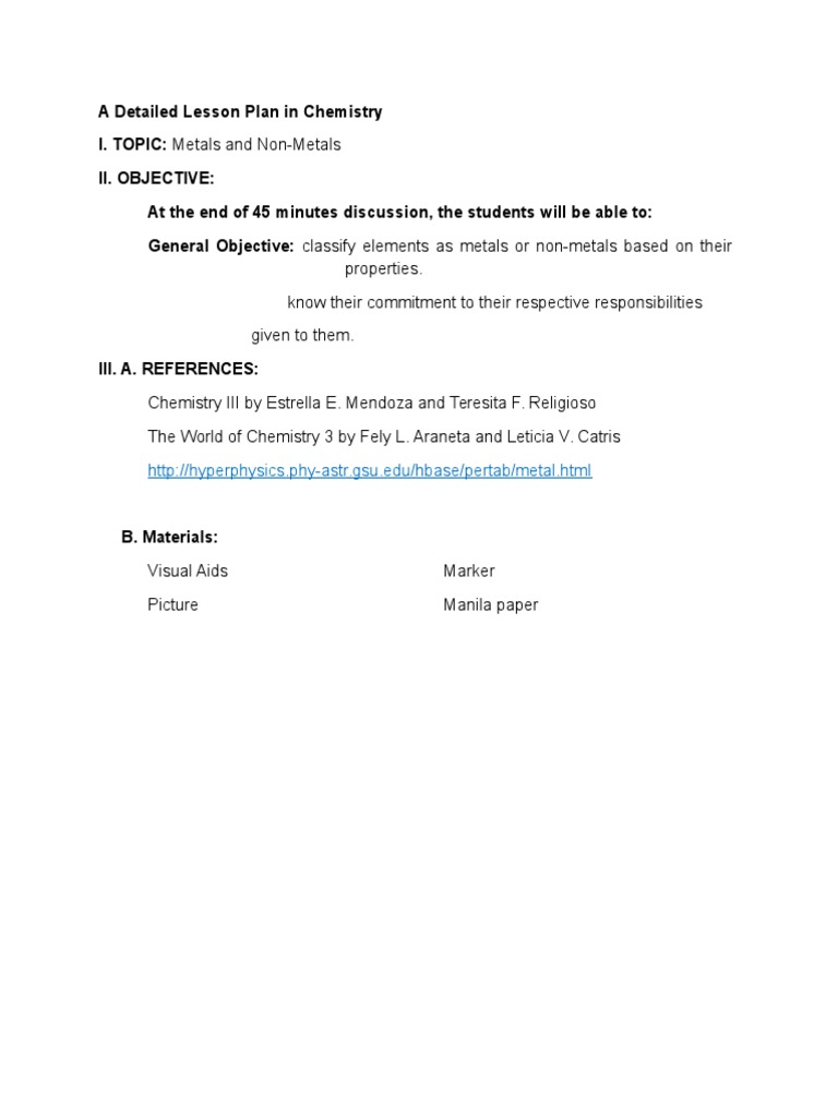 A Detailed Lesson Plan in Chemistry | PDF | Metals | Ductility