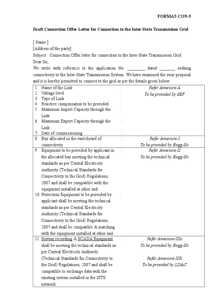 Format-Con-5 Draft Connection Offer Letter For Connection To The Inter ...