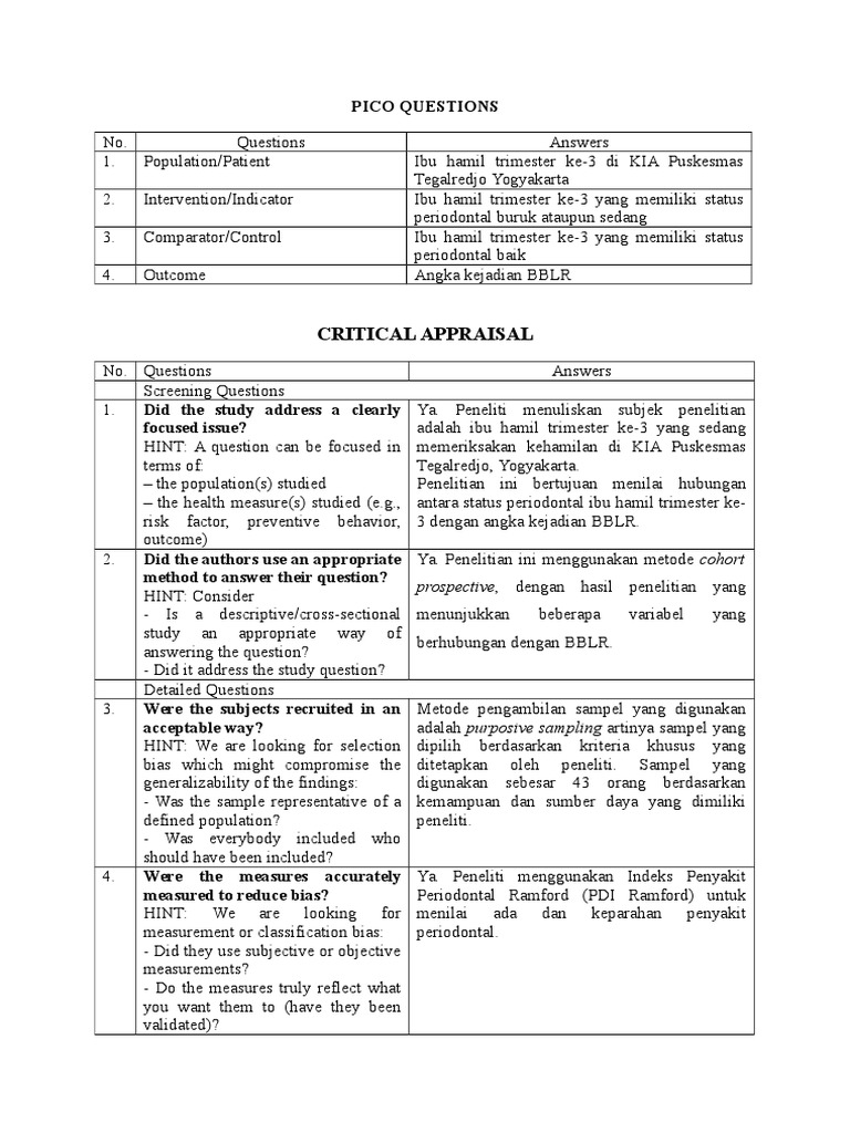 Critical Appraisal: Pico Questions