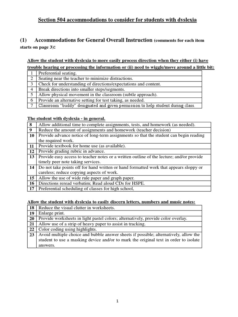 504 Accommodations List For Students With Dyslexia | PDF | Dyslexia ...