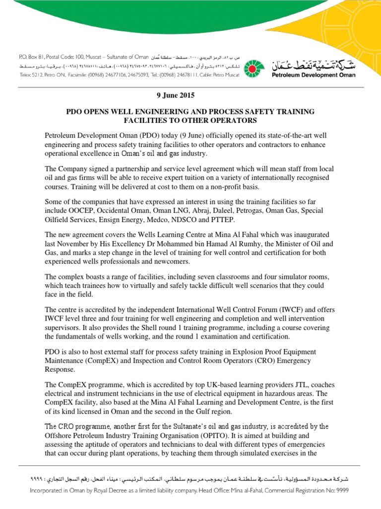 PressReleaseFile - PDO OPENS WELL ENGINEERING AND PROCESS SAFETY ...
