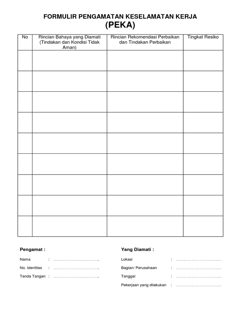 Formulir Pengamatan Keselamatan Kerja - PEKA | PDF