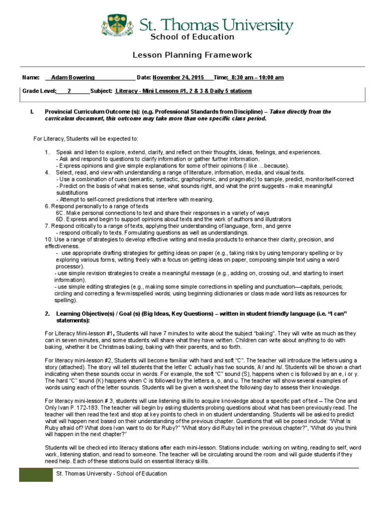Literacy Lesson Plan Practicum 1 PDF Literacy Lesson Plan