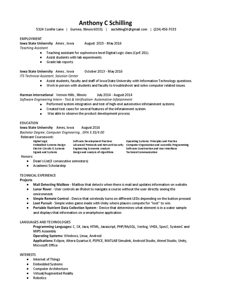 Computer Engineering Resume of Anthony Schilling | PDF | Computers ...