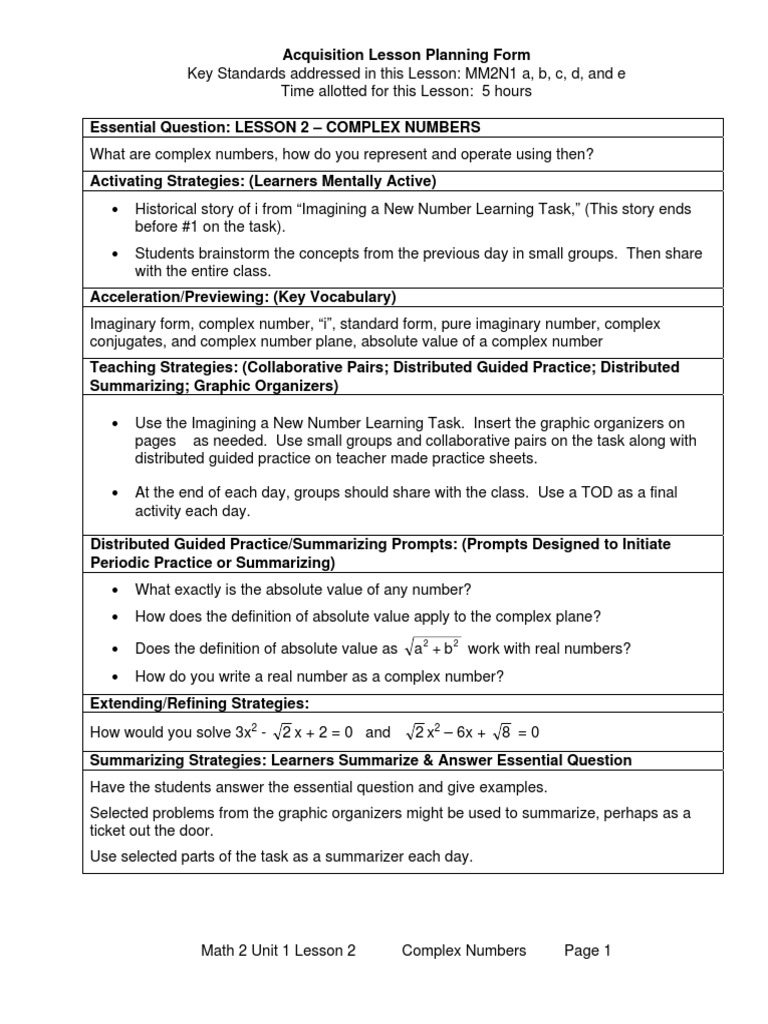 Math II Unit 1 Acq Lesson 2 Complex Numbers | PDF | Complex Number ...