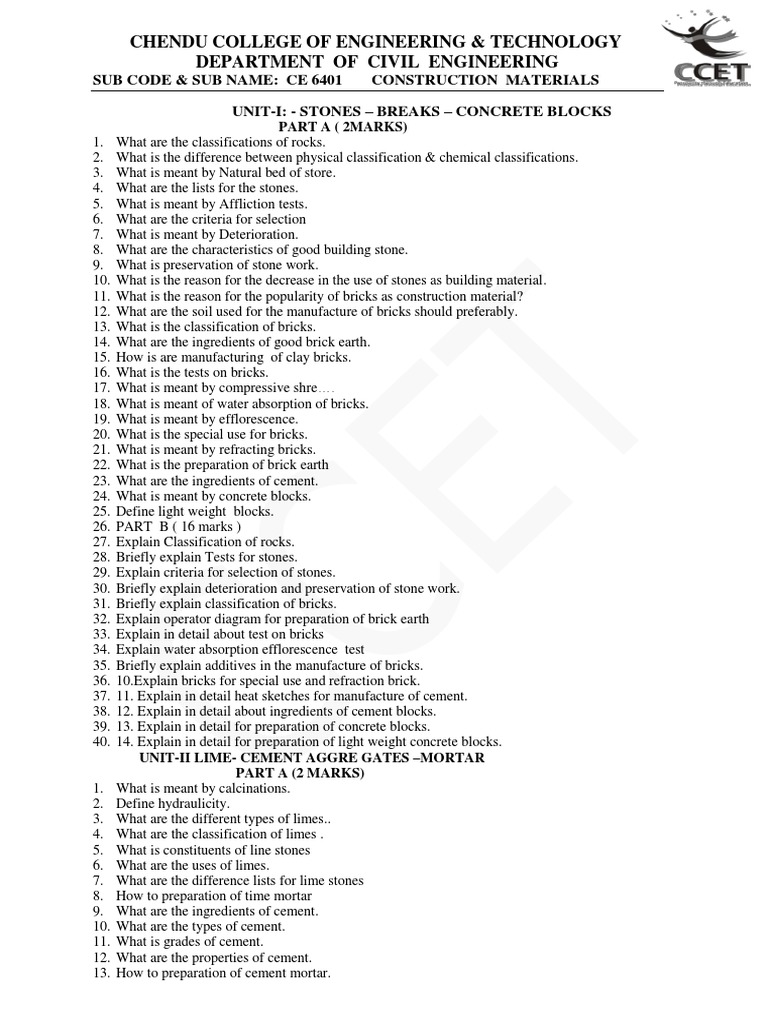 Construction Materials Study Guide | PDF | Concrete | Cement