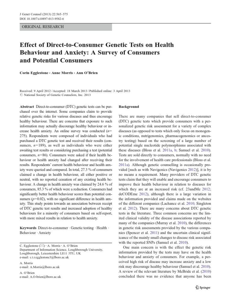 Effect of Direct-to-Consumer Genetic Tests On Health Behaviour and ...