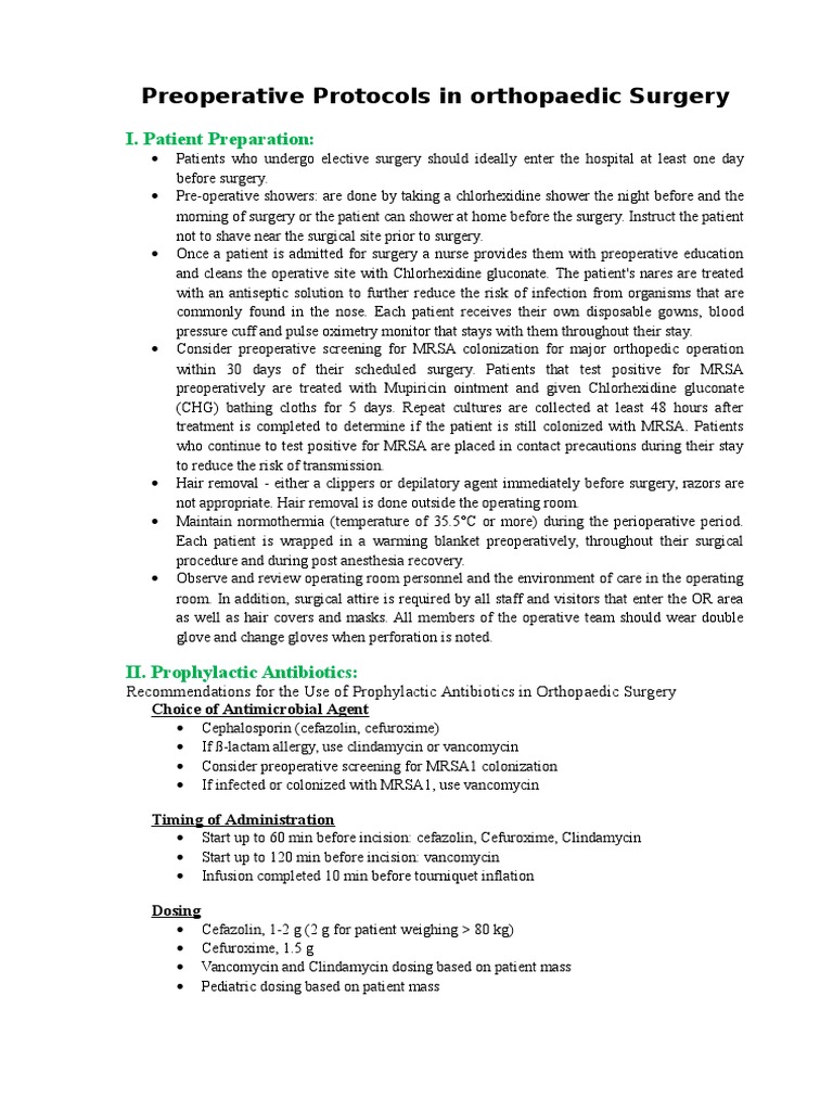 Preoperative Protocols in Orthopaedic Surgery: I. Patient Preparation ...