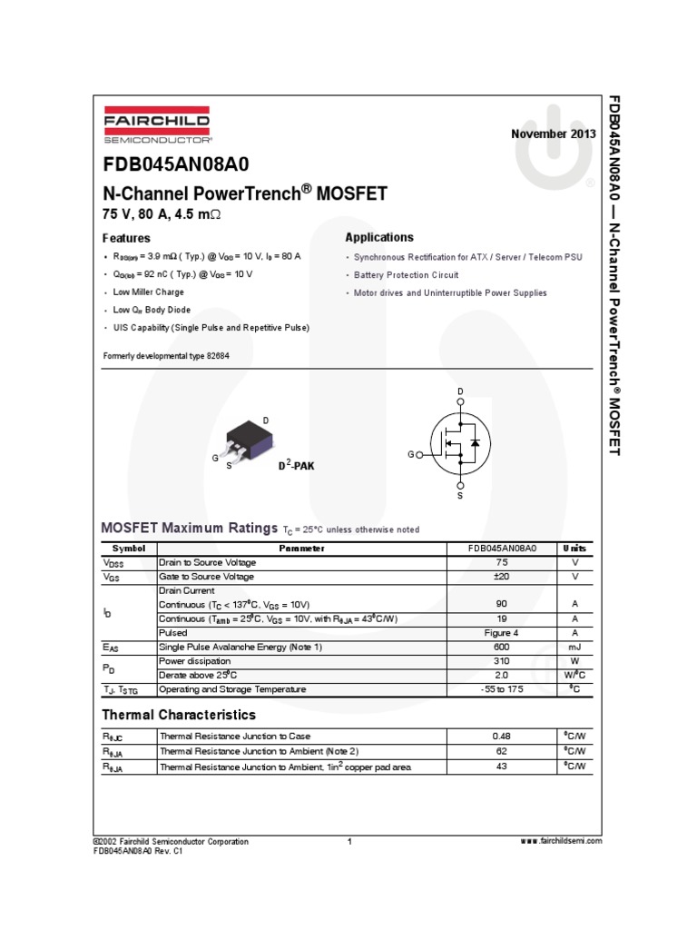 Fdb045An08A0: N-Channel Powertrench Mosfet | PDF | Field Effect ...