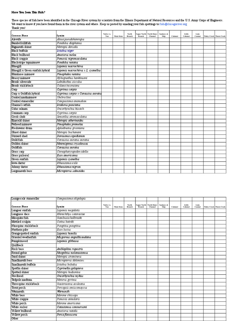 Chicago River Check List For FISH | PDF | Nearctic Ecozone Fauna ...
