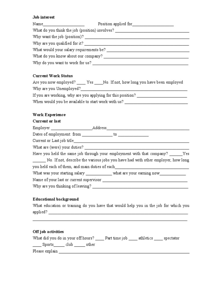 Job Application Questionnaire Template | PDF | Employment ...