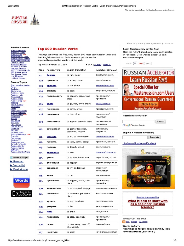 3 500 Most Common Russian Verbs - With Imperfective - Perfective Pairs ...