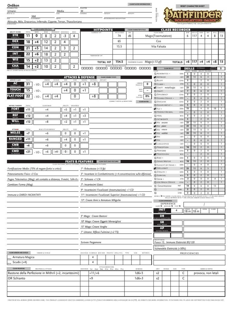 Character Sheet for Ordikon, a Level 13 Transmuter Wizard | PDF | Role ...