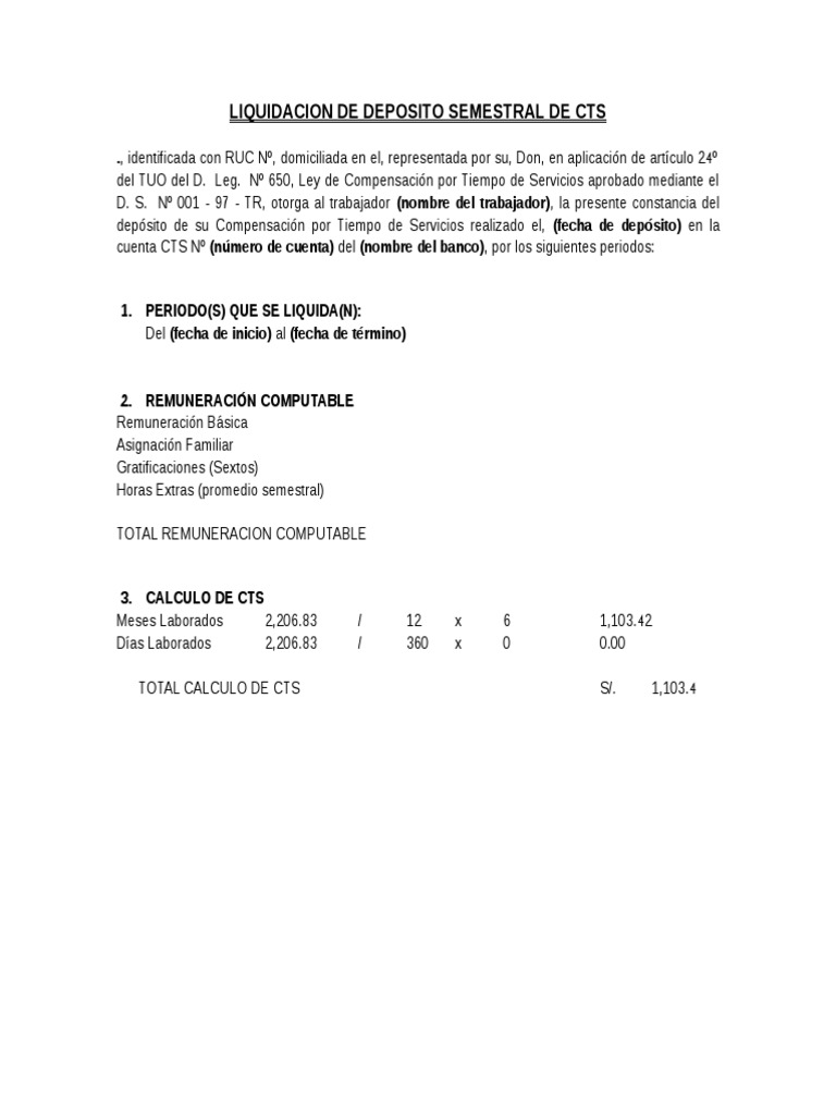 Liquidacion de Deposito Semestral de Cts | PDF | Negocios | Finanzas y dinero