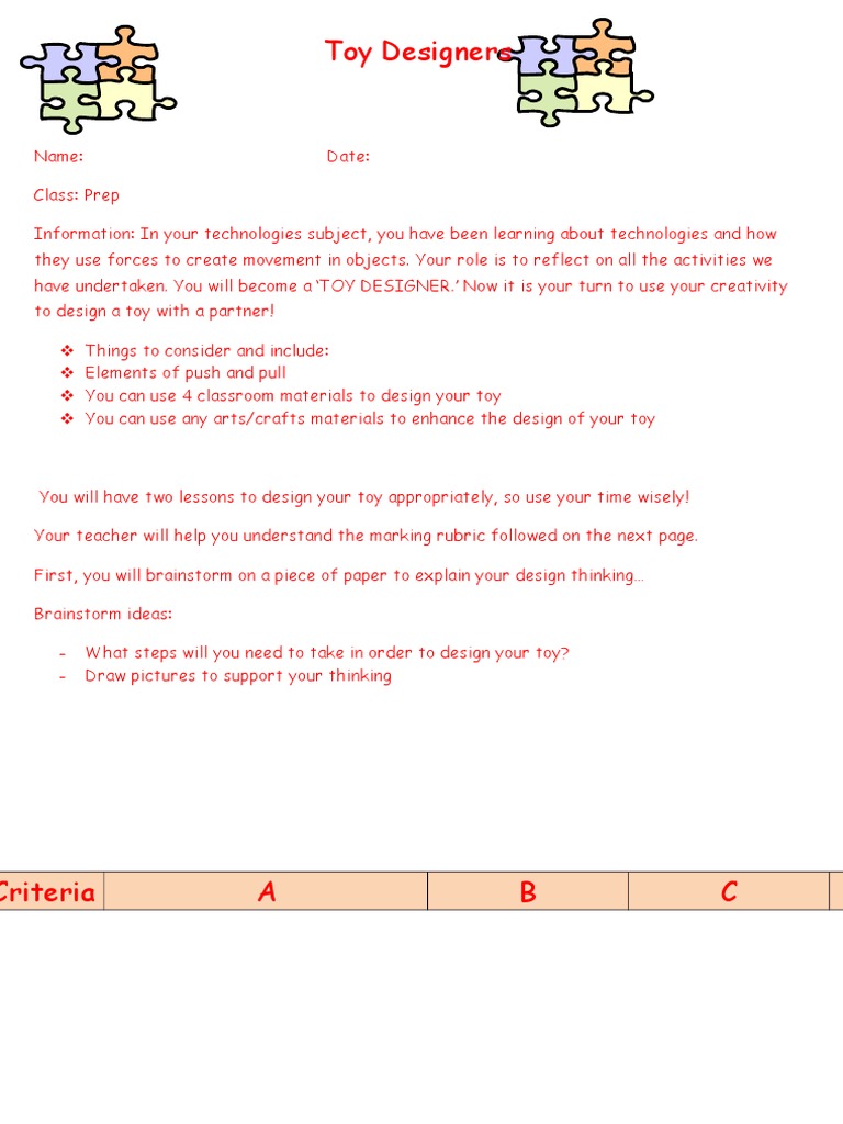 Toy Designers Task Sheet and Rubric | PDF | Brainstorming | Toys