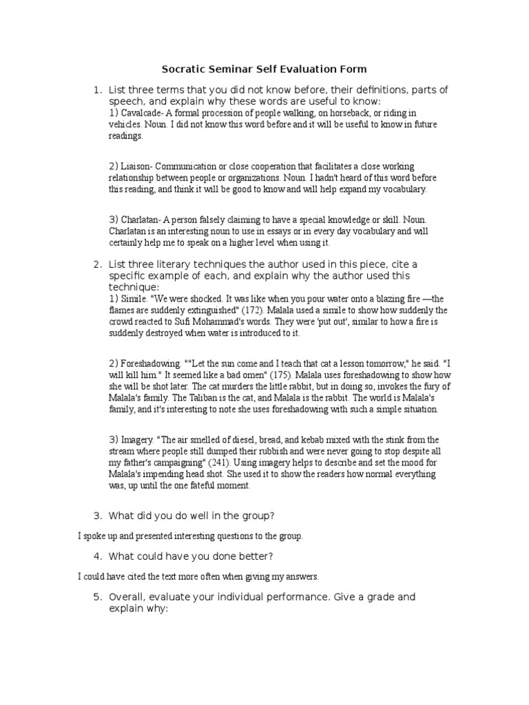 Socratic Seminar Self-Evaluation Guide | PDF | Malala Yousafzai ...