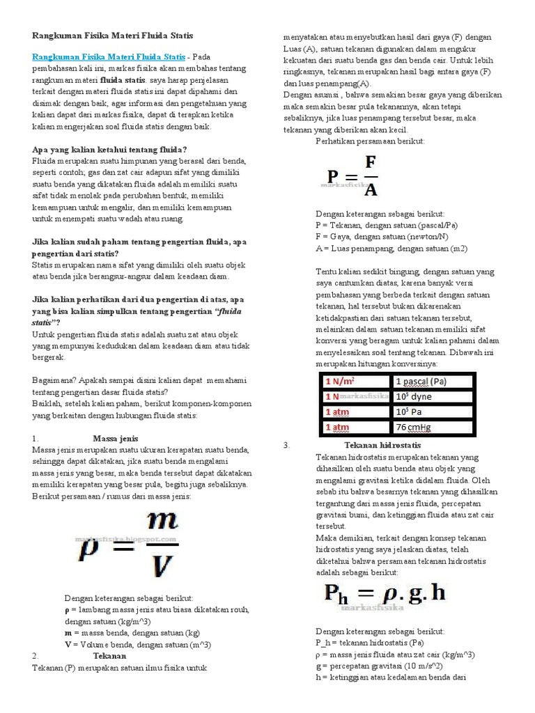 Rangkuman Fisika Materi Fluida Statis | PDF | Metode & Bahan Ajar