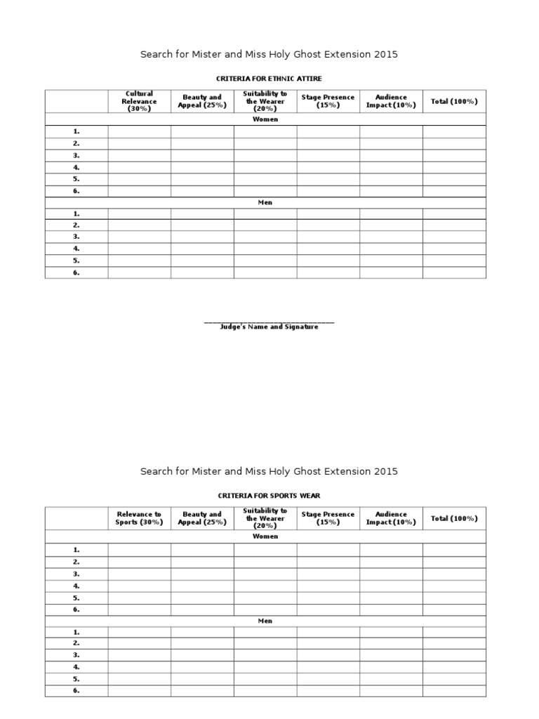 Pageant Judging Form
