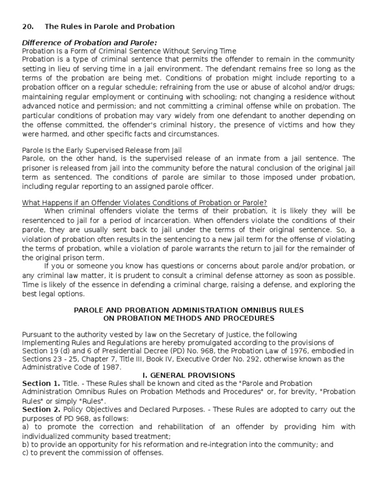 20. the Rules in Parole and Probation | Probation | Probation Officer