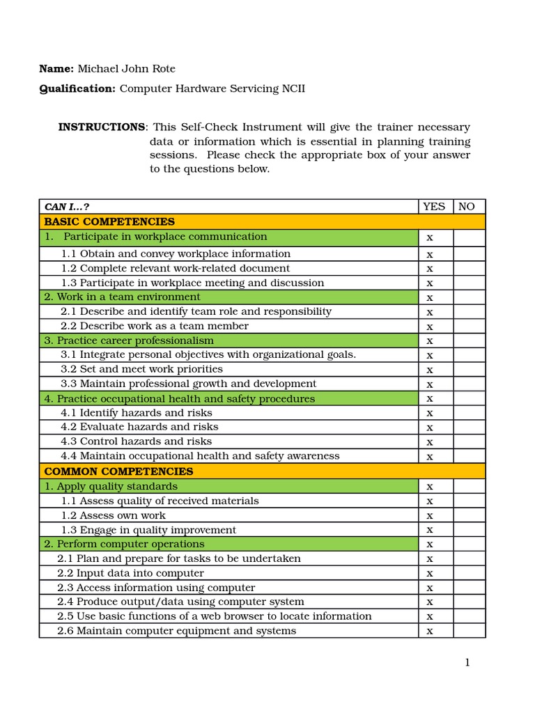 3 Self Assessment Checklist Chs Nc Ii Pdf Electronics Occupational Safety And Health