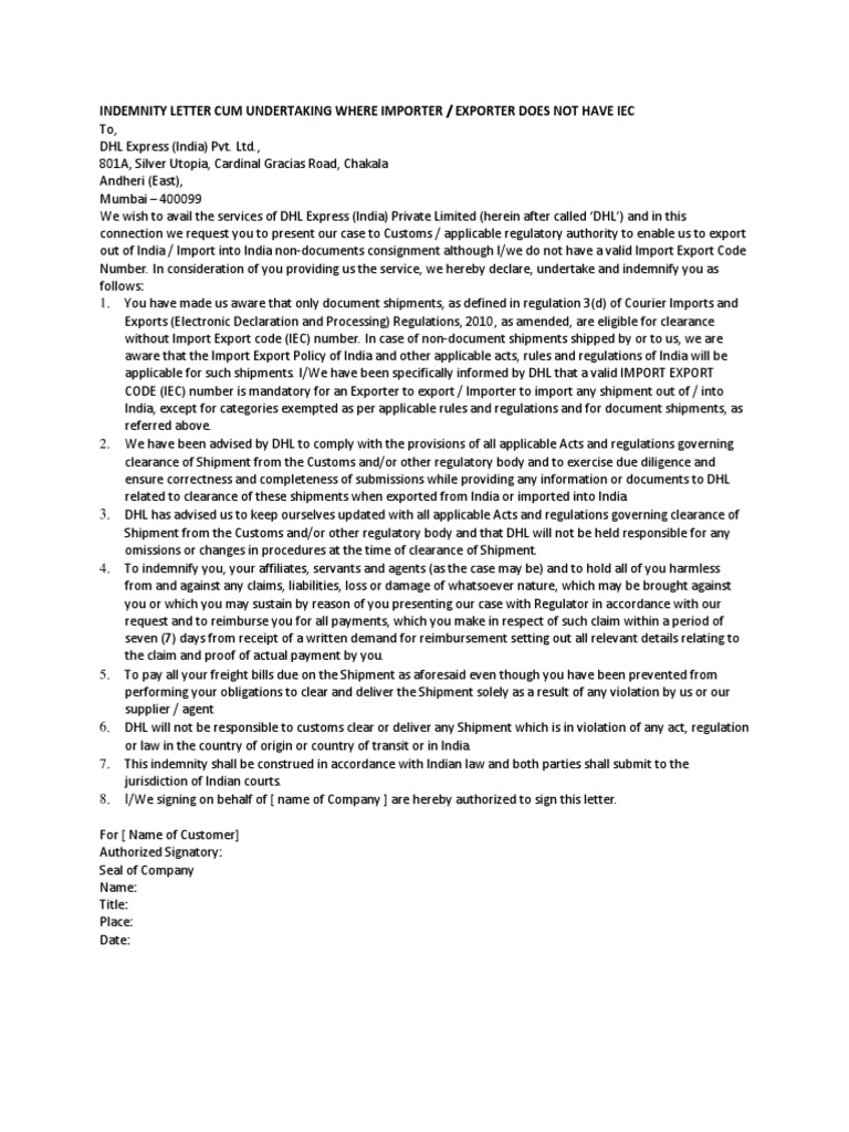 Indemnity Document | PDF | Indemnity | Public Law