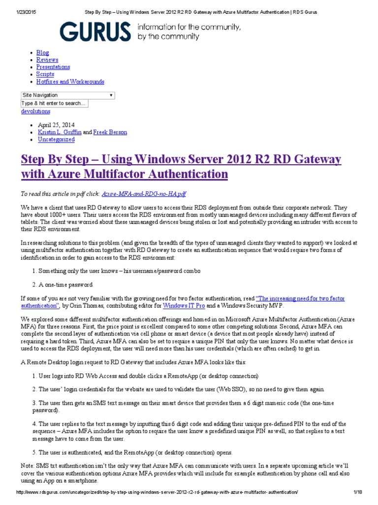 Step by Step - Using Windows Server 2012 R2 RD Gateway With Azure Multifactor Authentication ...