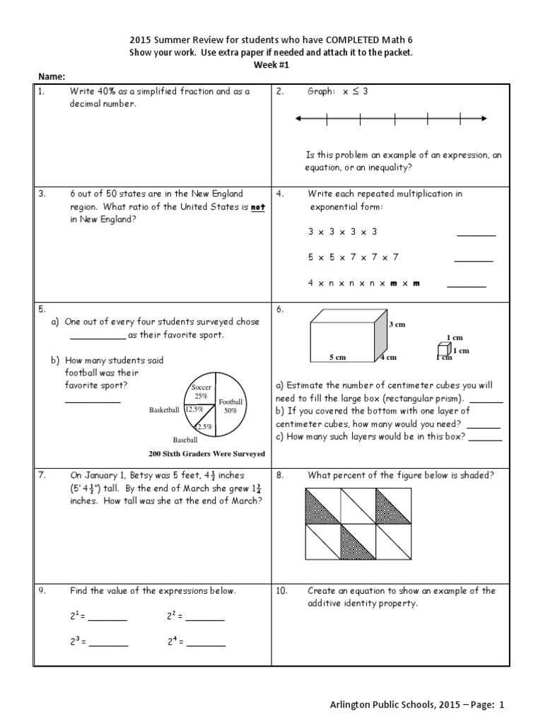 Grade 6 Math Summer Review 2015 | PDF | Fraction (Mathematics ...