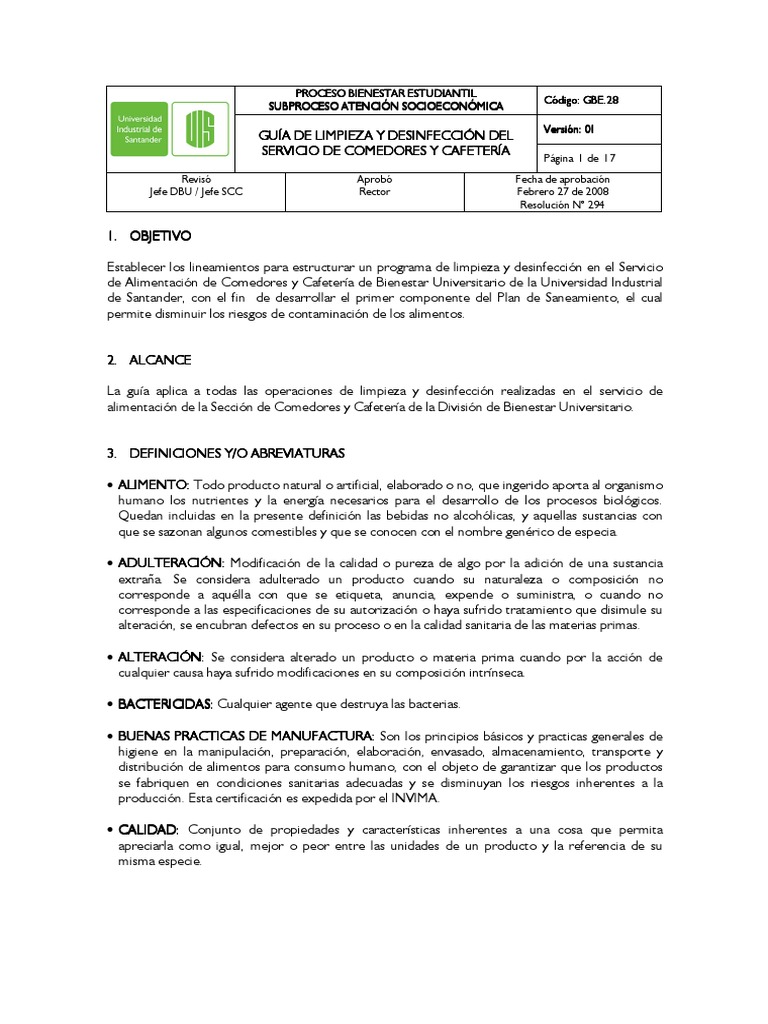 Guía de Limpieza y Desinfección Del Servicio de Comedores y Cafeteria | Detergente | Alimentos