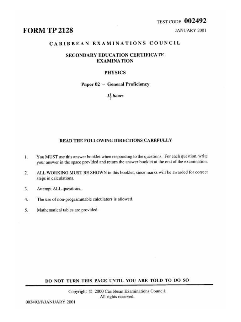 CXC 2001 Physics Paper - 2 | PDF